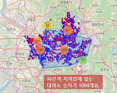 파이썬 지도 시각화 패키지-folium 응용사례(2)-Plugins 기능 중, 지역내 대여소 갯수 표시 ...