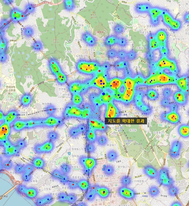 파이썬 지도 시각화 패키지-folium 응용사례(2)-Plugins 기능 중, 지역내 대여소 갯수 표시 ...