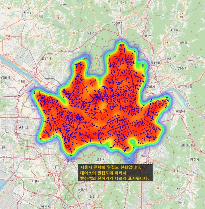 파이썬 지도 시각화 패키지-folium 응용사례(2)-Plugins 기능 중, 지역내 대여소 갯수 표시 ...
