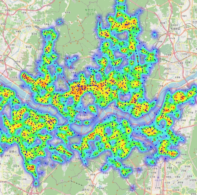 파이썬 지도 시각화 패키지-folium 응용사례(2)-Plugins 기능 중, 지역내 대여소 갯수 표시 ...
