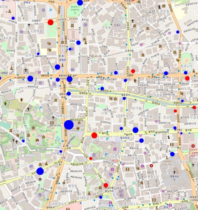 파이썬 지도 시각화 패키지-folium 응용사례(2)-Plugins 기능 중, 지역내 대여소 갯수 표시 ...
