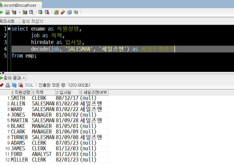 [오라클/SQL] DECODE 기본 및 예제 : 조건에 따라 각각 다른 값을 입력/출력하는 분기함수 (* 타 프로그래밍 ...