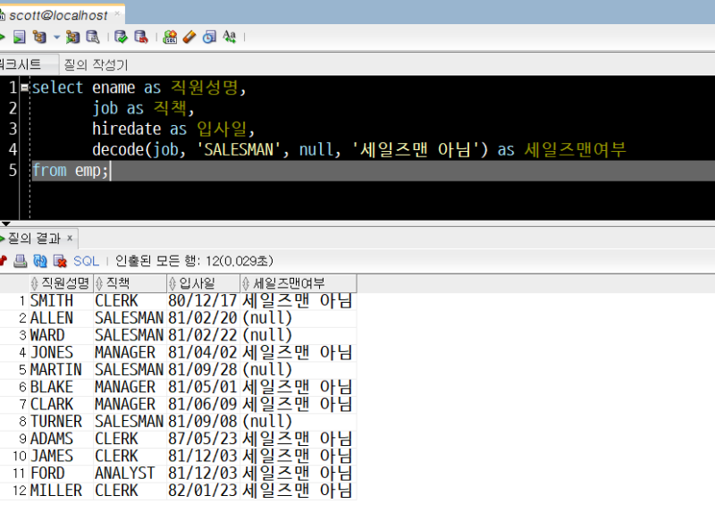 [오라클/SQL] DECODE 기본 및 예제 : 조건에 따라 각각 다른 값을 입력/출력하는 분기함수 (* 타 프로그래밍 ...