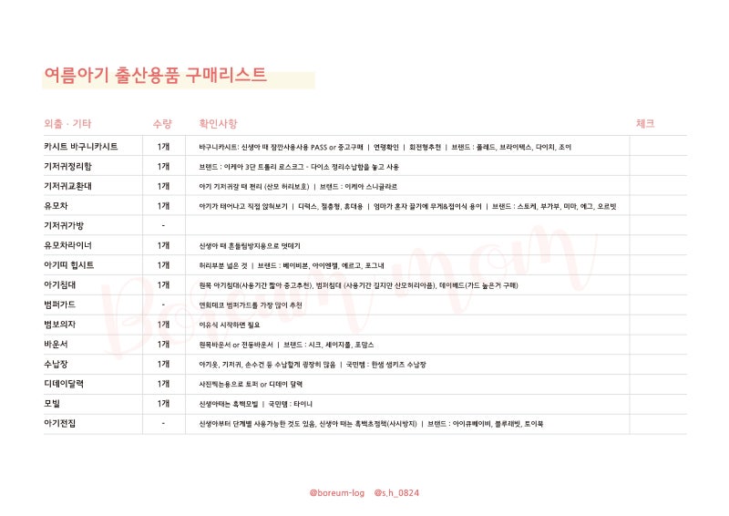 6월생 7월생 여름아기 출산용품 준비 리스트 04 외출 및 기타용품 양식공유 가구 고가 자세한 설명 Tip 네이버 블로그