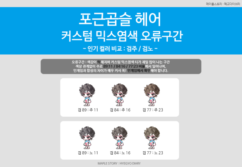 Kms 캐시 메이플스토리 포근곱슬 헤어 커스텀 믹스염색커스텀 믹염커믹 전체 색상표 및 오류구간 And 추천 네이버 블로그