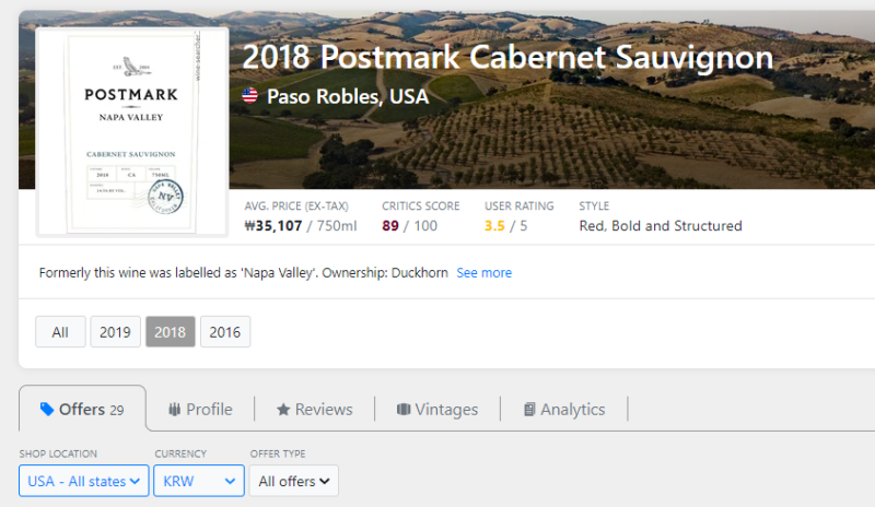 덕혼 포스트마크 나파 밸리 까베르네 소비뇽 2018 (Duckhorn, Postmark Cabernet Sauvignon ...