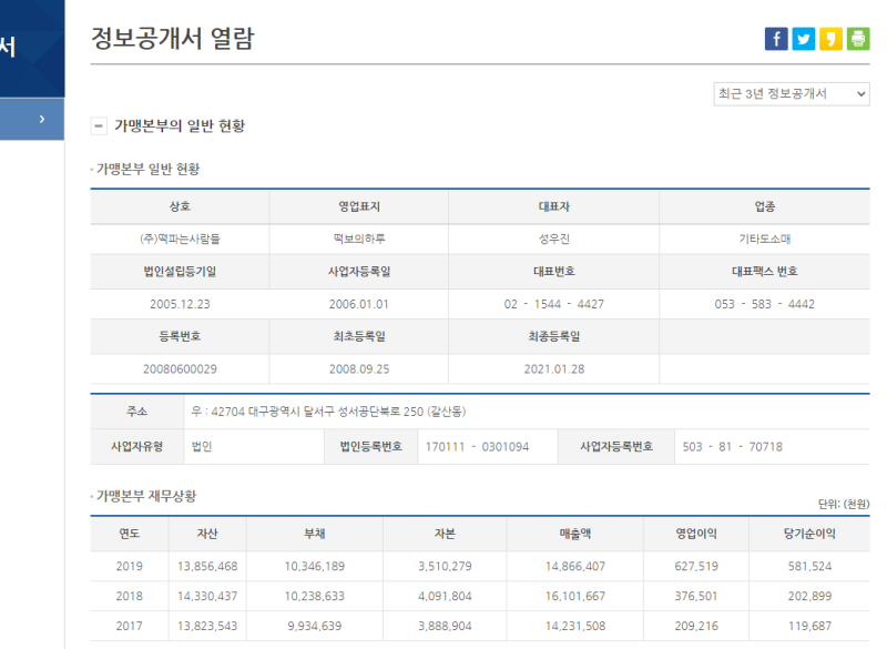 공정위 정보공개서로본 떡보의하루 창업 알아보자 1편 Feat 떡집 프랜차이즈 체인점 창업비용 네이버 블로그