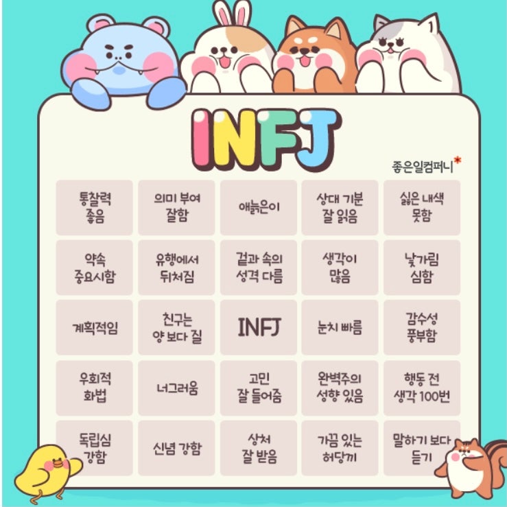 Mbti Infj 에 대한 모든 것 Infj 팩폭 특징 빙고 궁합 직업 연예인 등 네이버 블로그