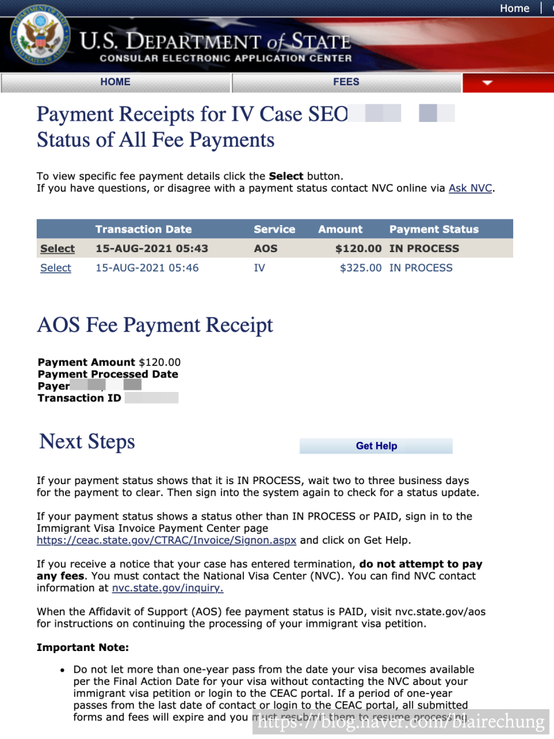 [미국 CR/IR-1] NVC Case Number/AOS & IV Fees 납부 방법 : 네이버 블로그