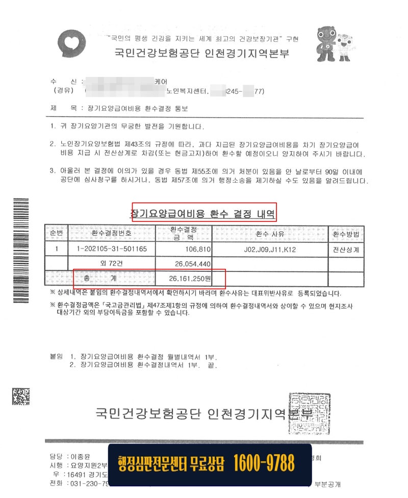 노인장기요양보험법에 따른 장기요양급여비용 환수처분에 대한 권리구제 절차 상담 안내의견제출 심사청구 환수금 구제사례