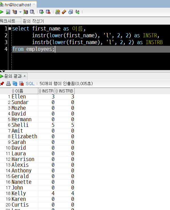 [오라클/SQL] INSTR, INSTRB : 문자열에서 지정한 문자의 자릿수, byte자릿수를 출력하는 함수 (문자의 자릿수 ...