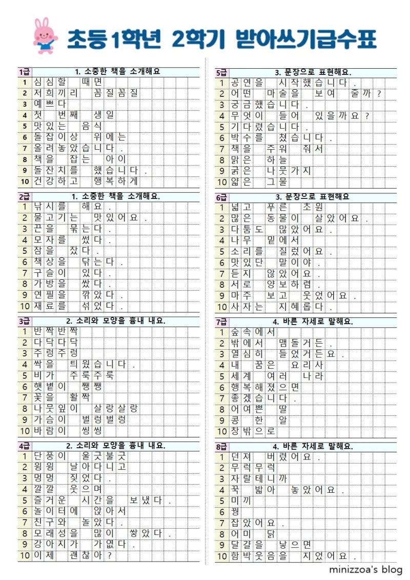 초등1학년2학기 받아쓰기 급수표 초등받아쓰기 급수표 다운로드 파일 네이버 블로그