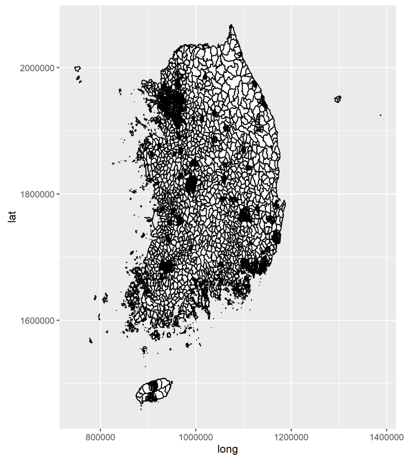 [R] sf:: 대한민국 지도(읍·면·동) 그리기 : .shp 파일 불러오기 (ft. ggplot(), geom_polygon ...