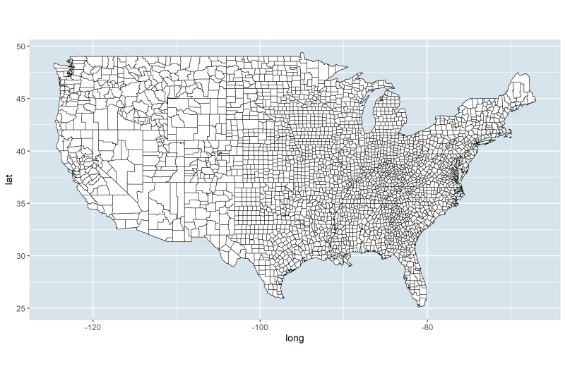[R] mapproj:: 미국 카운티 지도 그리기 (ft. ggplot(), geom_polygon(), United ...