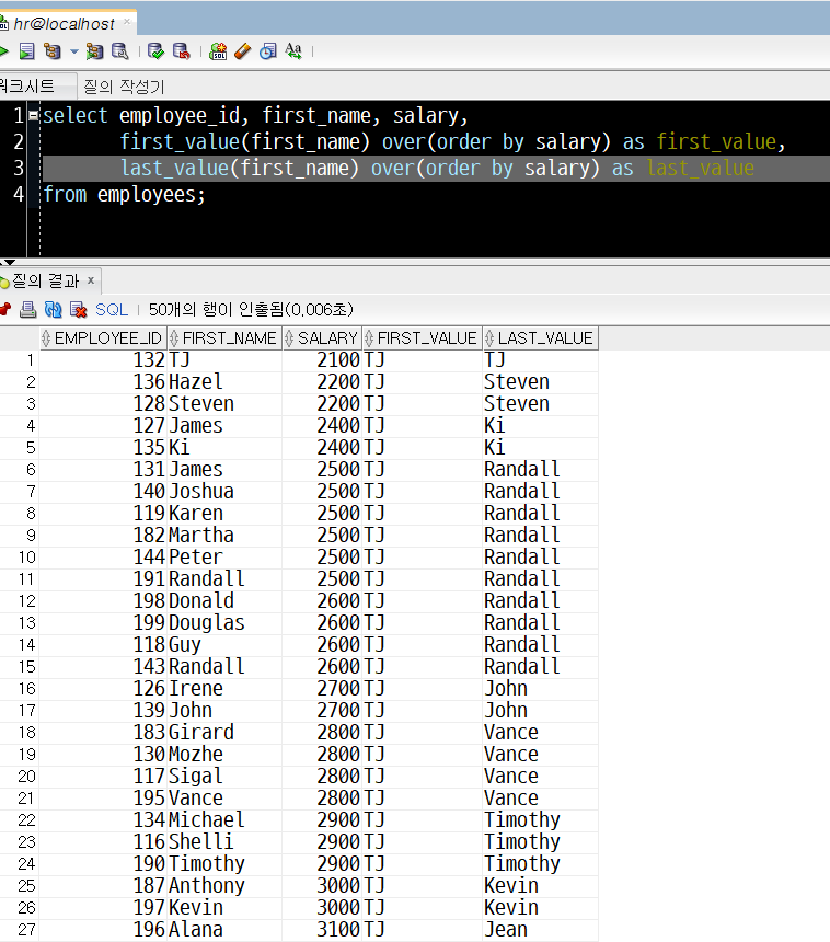 [오라클/SQL] FIRST_VALUE, LAST_VALUE : 특정 컬럼을 기준으로 조회된 레코드 중 시작 레코드 / 마지막 ...
