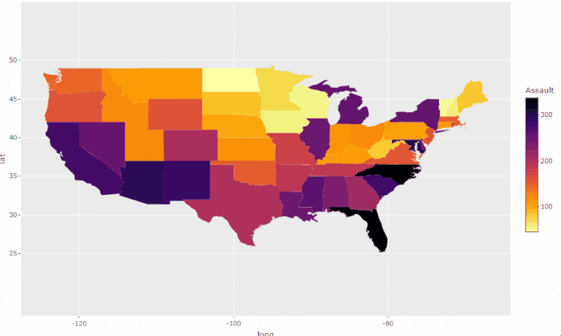 [R] plotly:: mapproj:: 미국 주별 범죄율 인터랙티브 지도 그리기 예제(ft. ggplot(), geom ...