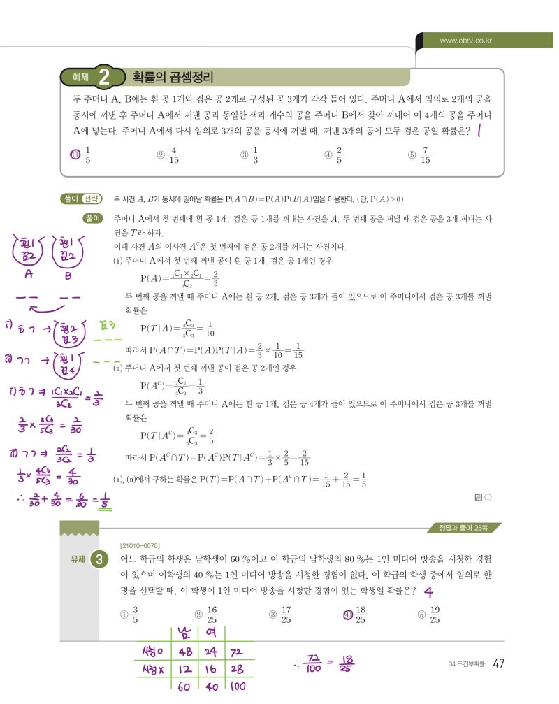 수능특강 확률과 통계 P45 P47 04 조건부확률 예제 및 유제 문제 및 풀이 1 네이버 블로그