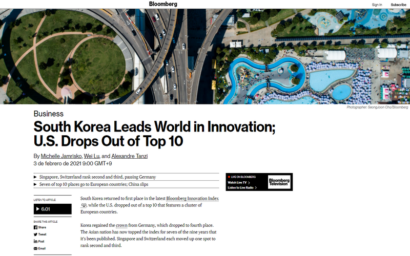 세계 경제 혁신성 순위 - ‘Bloomberg Innovation Index 2021' : 네이버 블로그