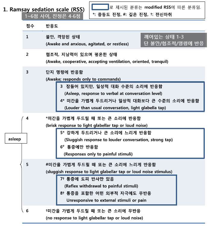 소아 수면/진정 마취 시 진정 점수(ramsay sedation scale, MOAA/S scale), 통증 점수와 소아 ...