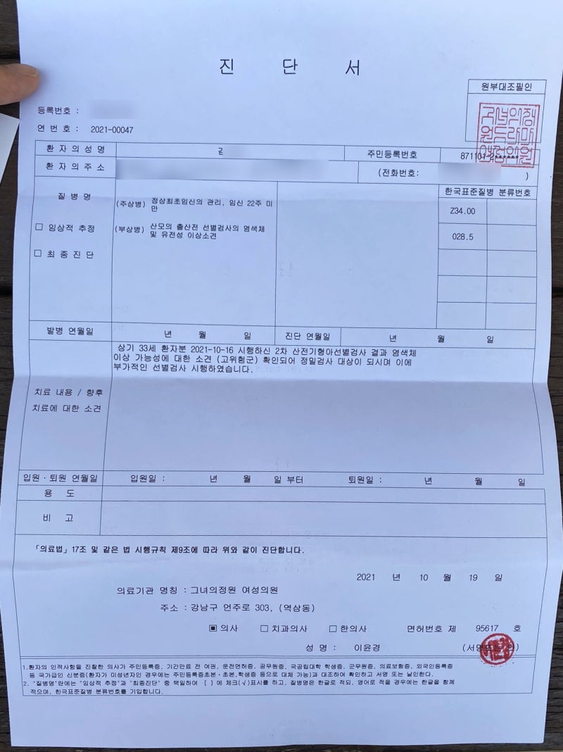 임신17주 2차기형아 검사 결과 다운증후군 고위험군 확인 니프티nipt 검사 진행 현대해상 태아보험 보험금청구