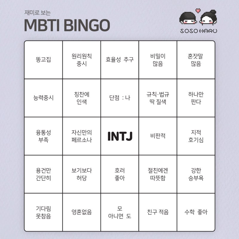 Mbti Intj 빙고 특징 팩폭 연애 이상형 인티제 빙고판 네이버 블로그