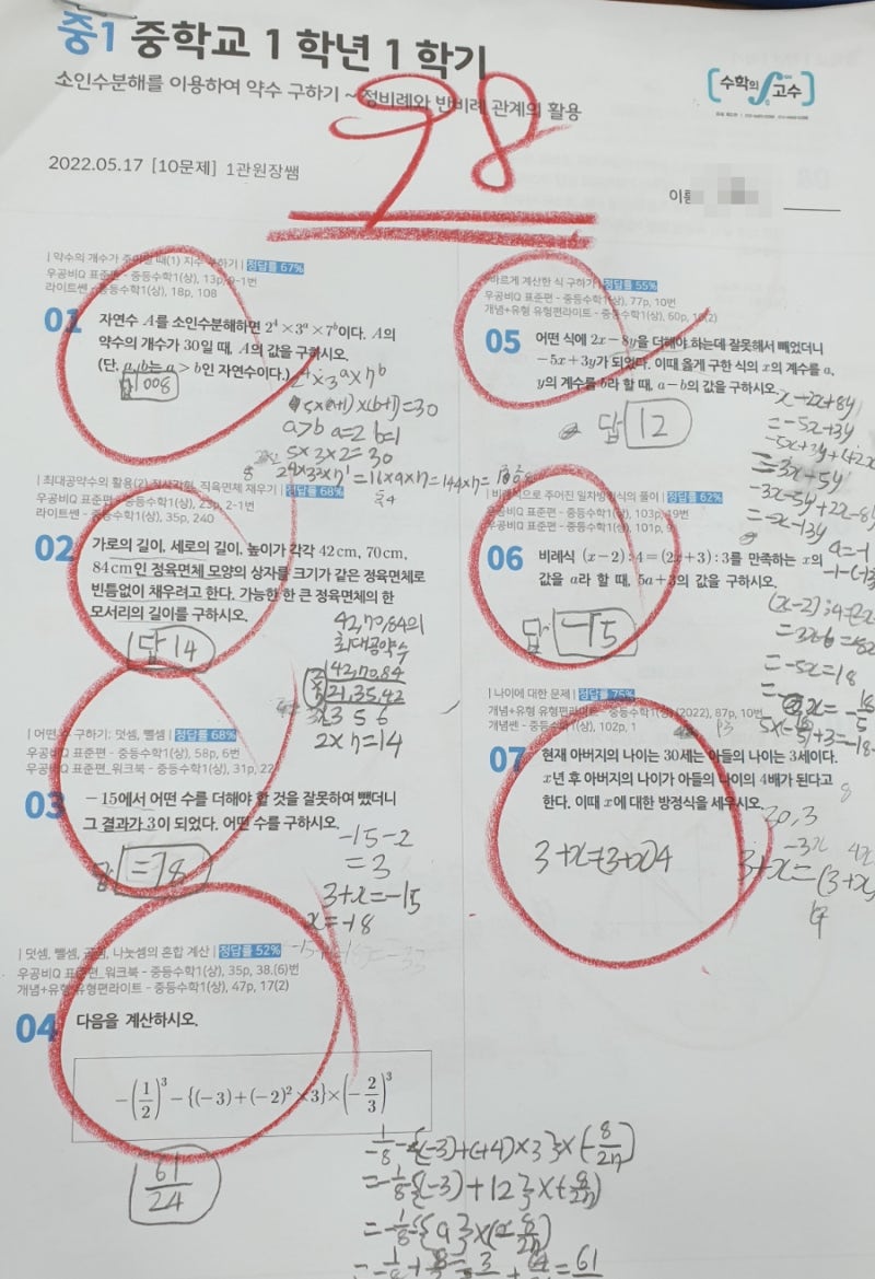김포 고촌 수학전문학원 ㅡ 수학의 고수 1관 중1a반 시험결과안내 네이버 블로그
