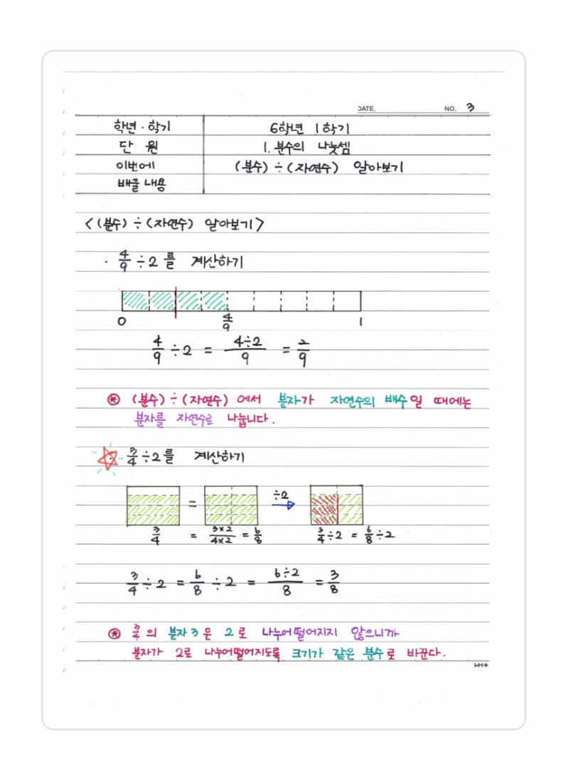초등수학 개념정리 노트필기 6학년 1학기 1단원 분수의 나눗셈 네이버 블로그