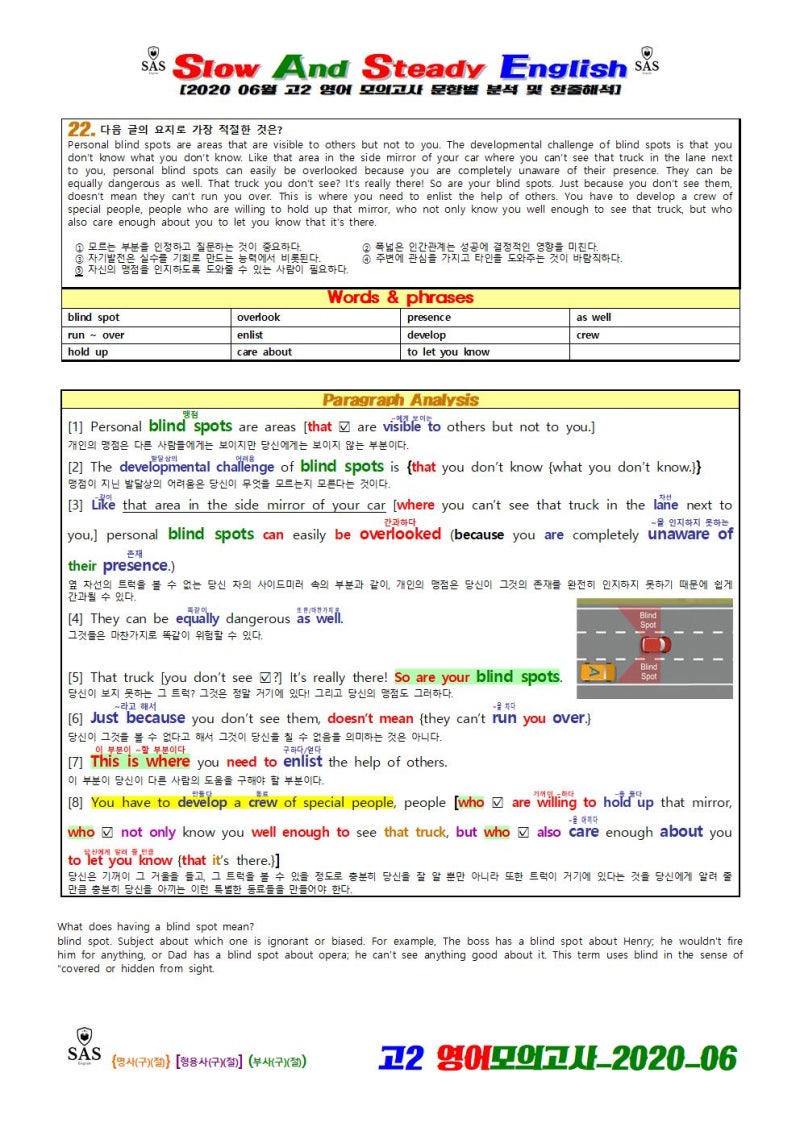 2020년 6월 고2 영어모의고사 문항별 분석 및 한줄해석pdf 파일한글파일구봉고 네이버 블로그