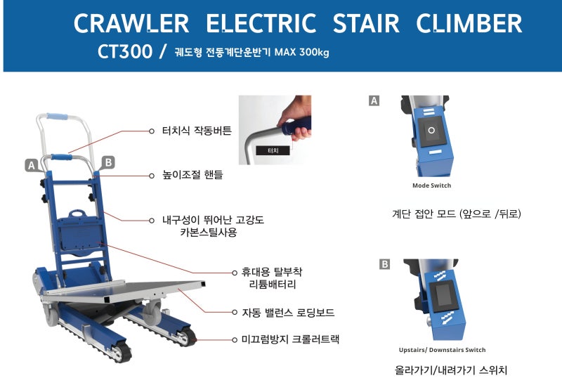 CT300 궤도형 전동계단운반기 고중량물 300kg 탱크바퀴 연구장비 의료장비 대형모터 전압기 리프트카 계단카 계단로봇 멀티 ...