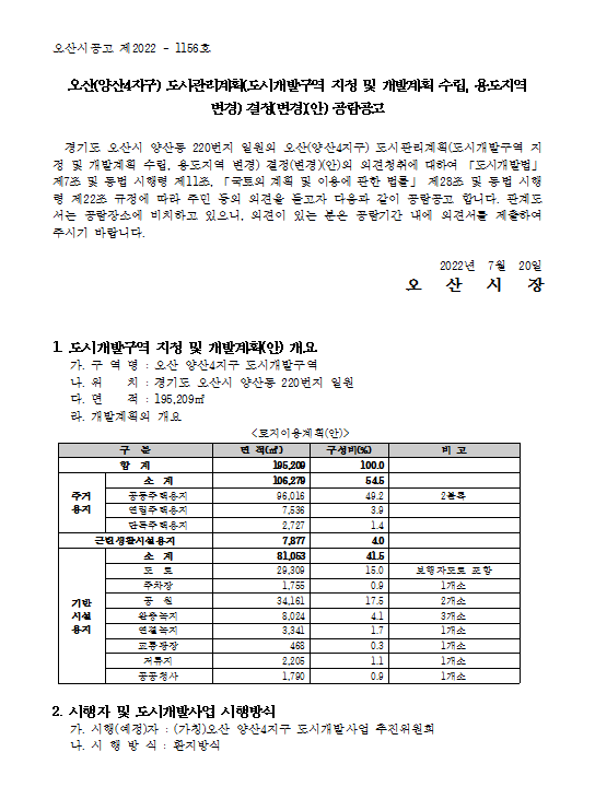 오산양산4지구 도시관리계획도시개발구역 지정 및 개발계획 수립 용도지역 변경 결정변경안 공람공고오산시공고 제
