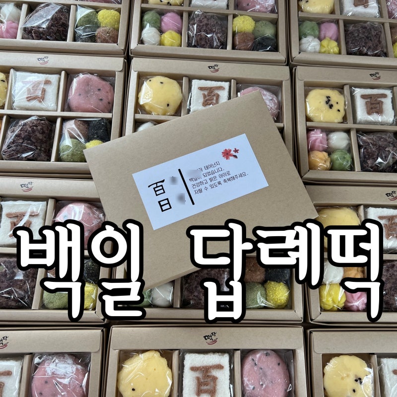 백일 답례떡 6구 망고증편 백일한자설기 백련초 오메기 꿀떡 제주오메기 사색경단 구성입니다♥ 대전떡집 백일상차림