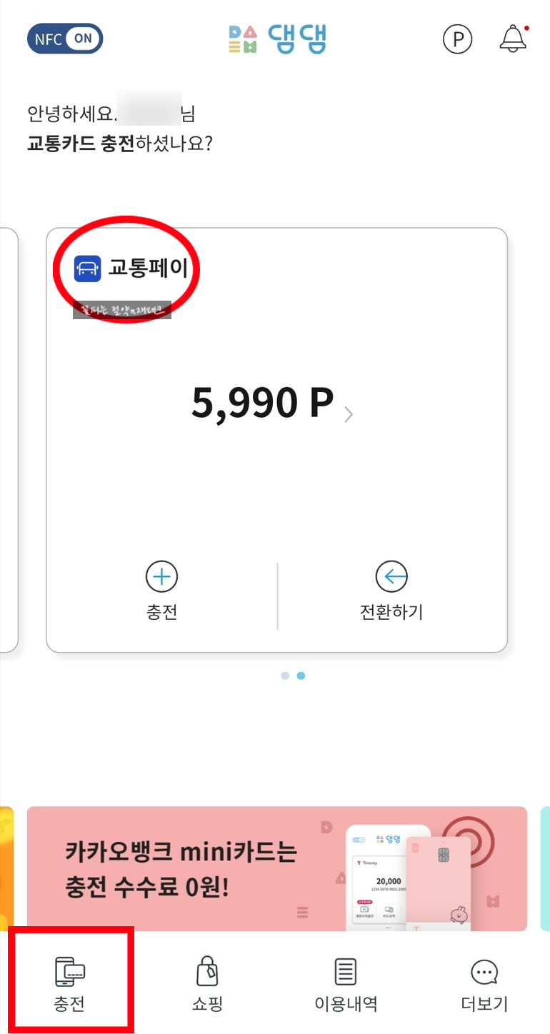 더모아 카카오뱅크 신한카드 활용 티머니 실물 카드 금액 → 댐댐 교통페이 충전 전환 네이버 블로그