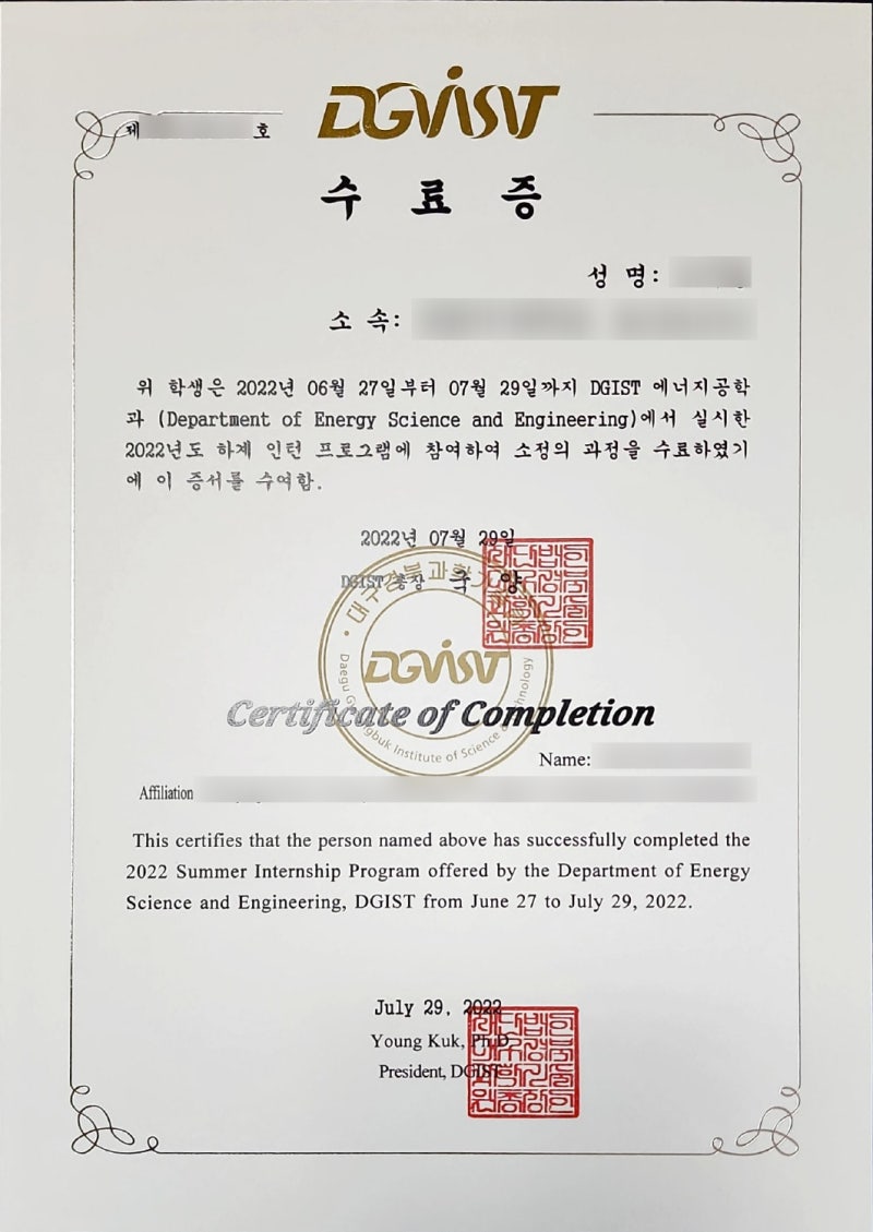 [인턴] 2022년 DGIST 대학원 하계 인턴 프로그램 수료 후기 : 네이버 블로그