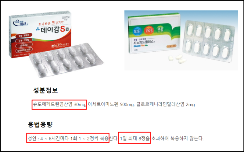 코감기약에 쓰는 슈도에페드린 제제 소청룡탕 갈근탕 등 마황 에페드린 함유 한약제제 조합 에페드린 계열 중복 복용