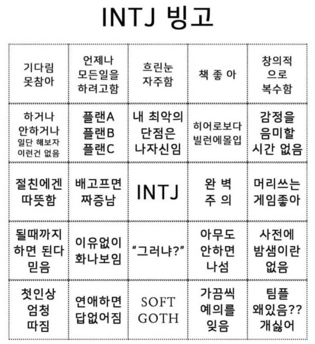 Intj 특징팩폭빙고직업추천 인티제 특징 네이버 블로그