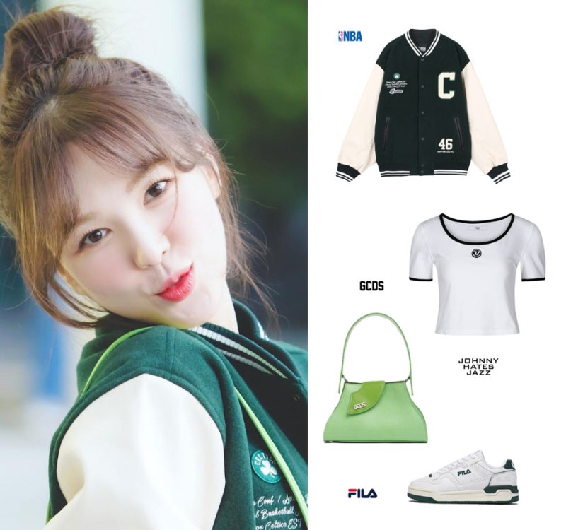 웬디 영스트리트 출근룩 옷 패션 야구 점퍼 자켓 크롭 티셔츠 그린색 가방 스니커즈 운동화 신발 의상 스타일 네이버 블로그