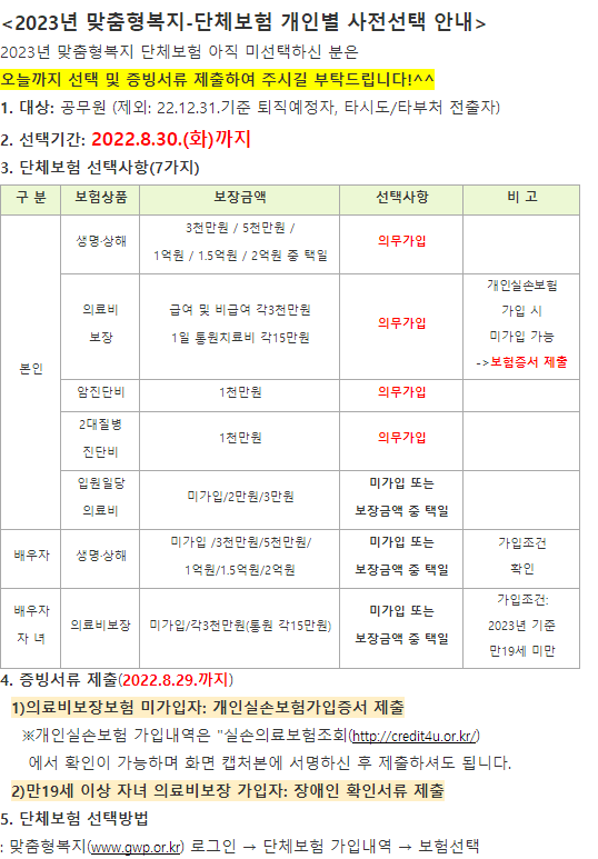 맞춤형복지포탈 단체보험 선택 방법 알아볼까요 보험항목 보장범위 실손보험 미가입1인가구 후기 네이버 블로그