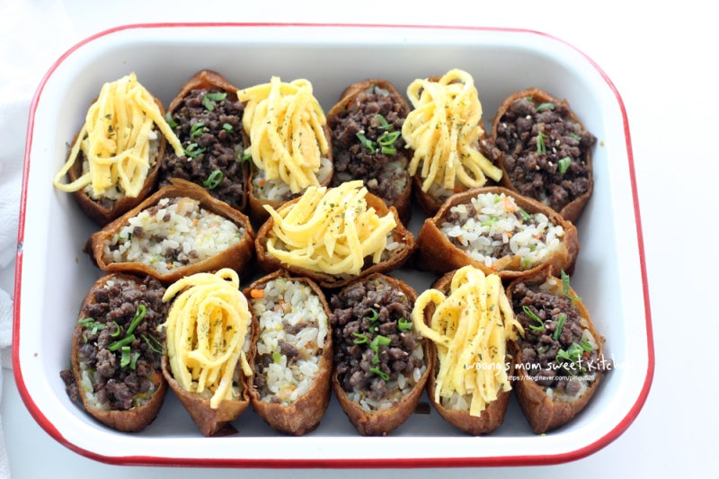 유부초밥 토핑 소고기 유부초밥 맛있게 만드는법 사각유부초밥 소풍 도시락 메뉴 네이버 블로그