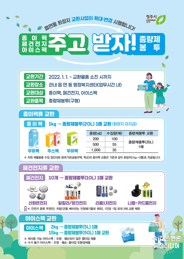충청미디어 청주시 종이팩·아이스팩 → 종량제 봉투 교환 확대 시행