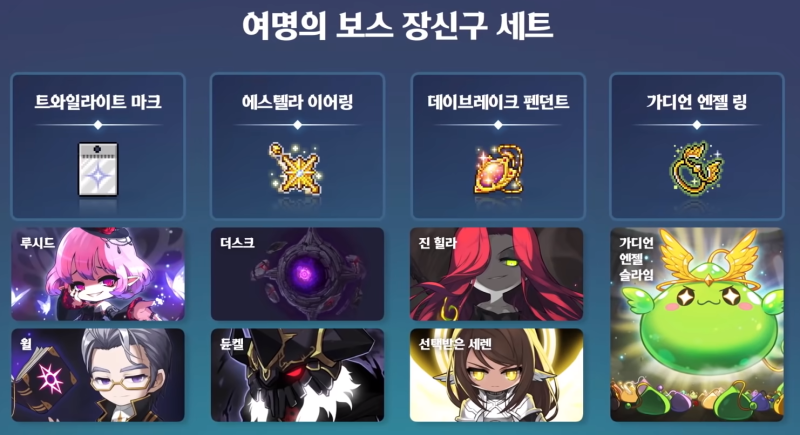 메이플스토리 데스티니 쇼케이스 신규 보스 보상 여명의 보스 장신구 세트 칠흑의 보스 장신구 세트 250레벨 장비 에테르넬
