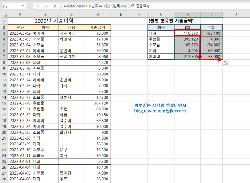 배열수식 두 조건을 만족하는 합계 구하기 네이버 블로그