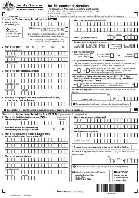 호주 TFN (Tax File Number) Declaration 서류 작성하는 법 : 네이버 블로그