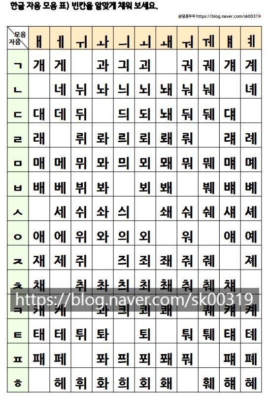 7세 한글공부 자음모음표 한글 자모 워크지 2탄 : 네이버 블로그