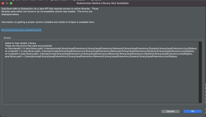 이클립스 - Subclipse 설치한 다음 'Failed to load JavaHL Library' 발생하는 오류 처리 (맥북 ...