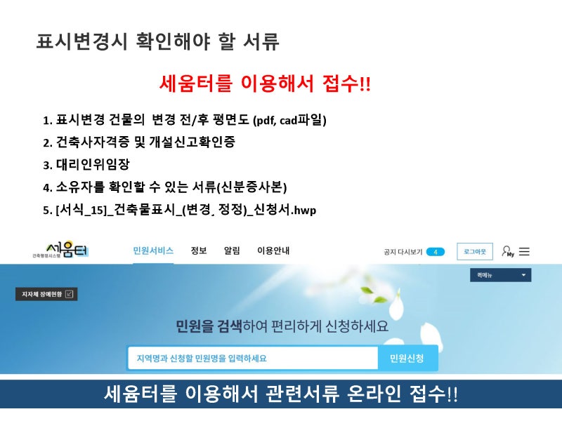 건축물 용도변경 건축물대장 표시변경 건축물대장 표시변경 표시변경 처리절차 현황과 등재된 도면이 상이할 경우 호별면적