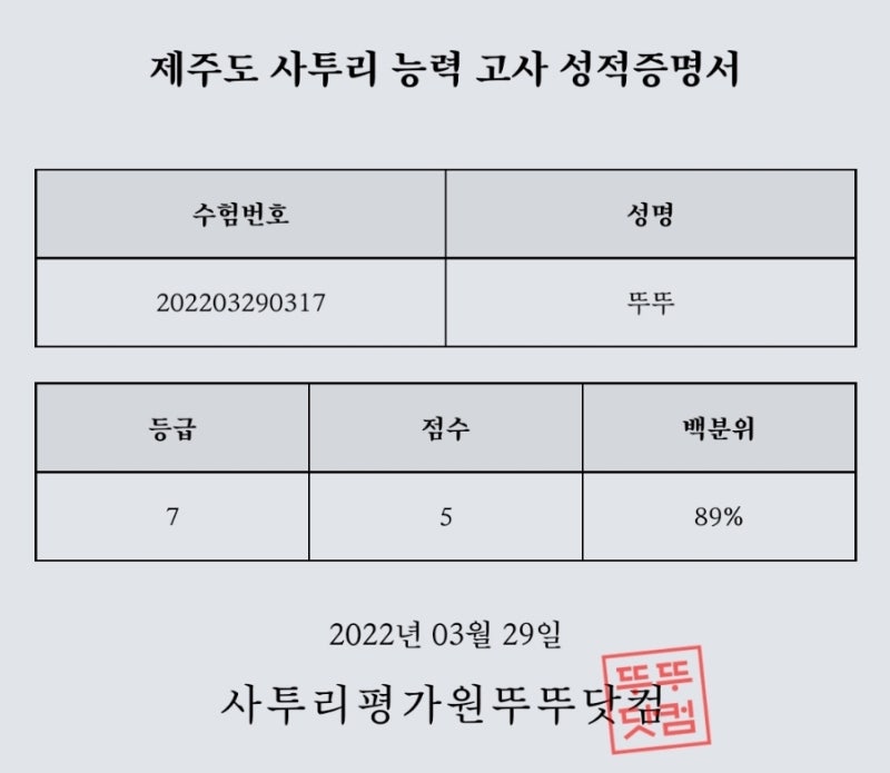 제주도 사투리 능력고사 평가 테스트 사투리 평가원 뚜뚜닷컴 링크 나의 성적은 네이버 블로그