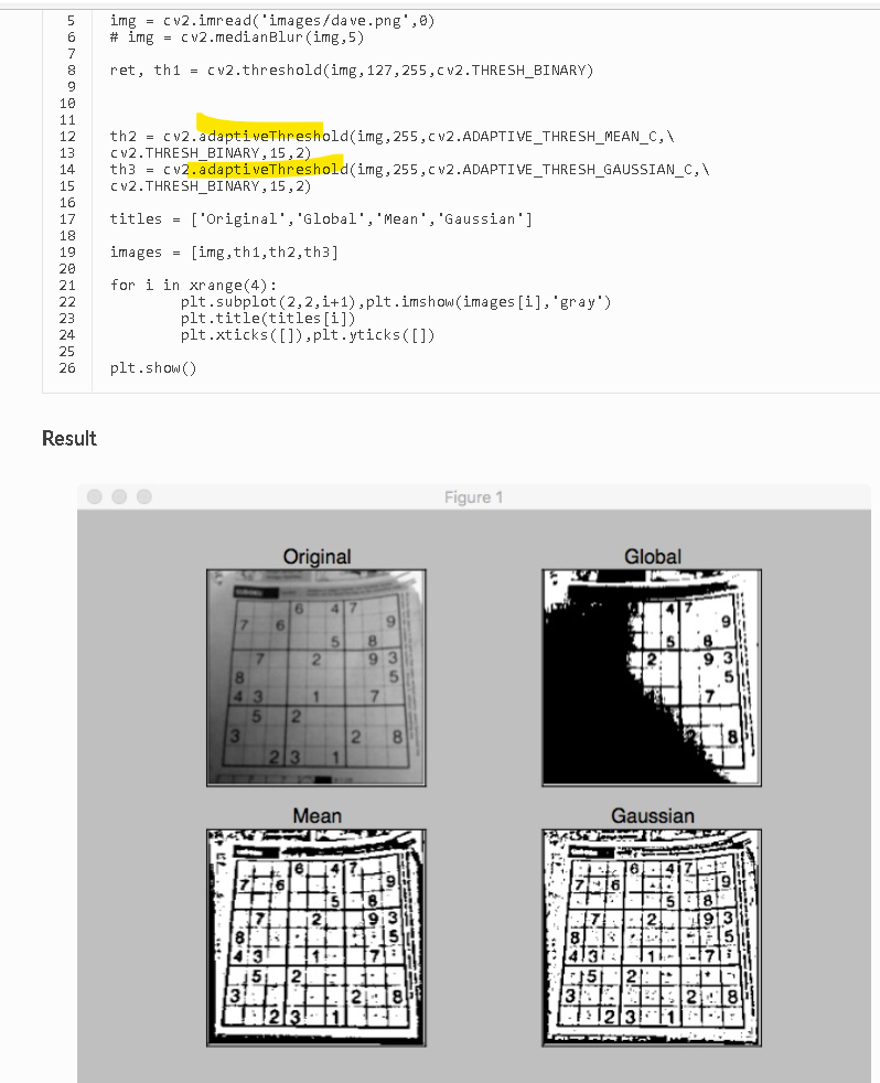 cv2.threshold, cv2.adaptiveThreshold : 영상양분화 혹은 (못 통과한 나머지는) src 그대로 ...