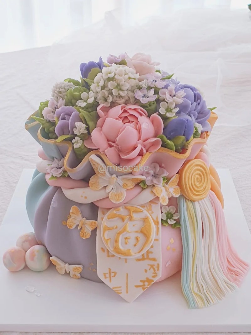 [환갑] 복주머니플라워케이크/광주앙금플라워케이크/광주수제떡전문점/광주떡맛집/미소케이크 : 네이버 블로그