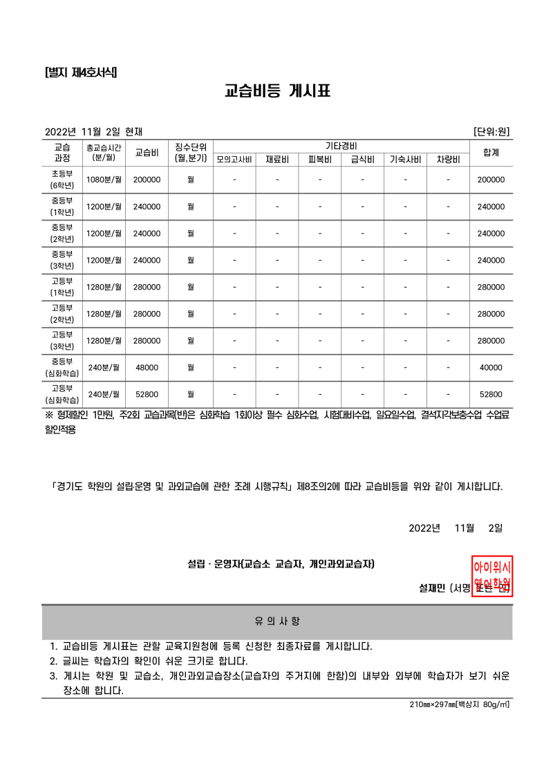 학원 등록번호 교습비등 교습비 반환기준 게시표 등 부천시 교육청 양식 네이버 블로그