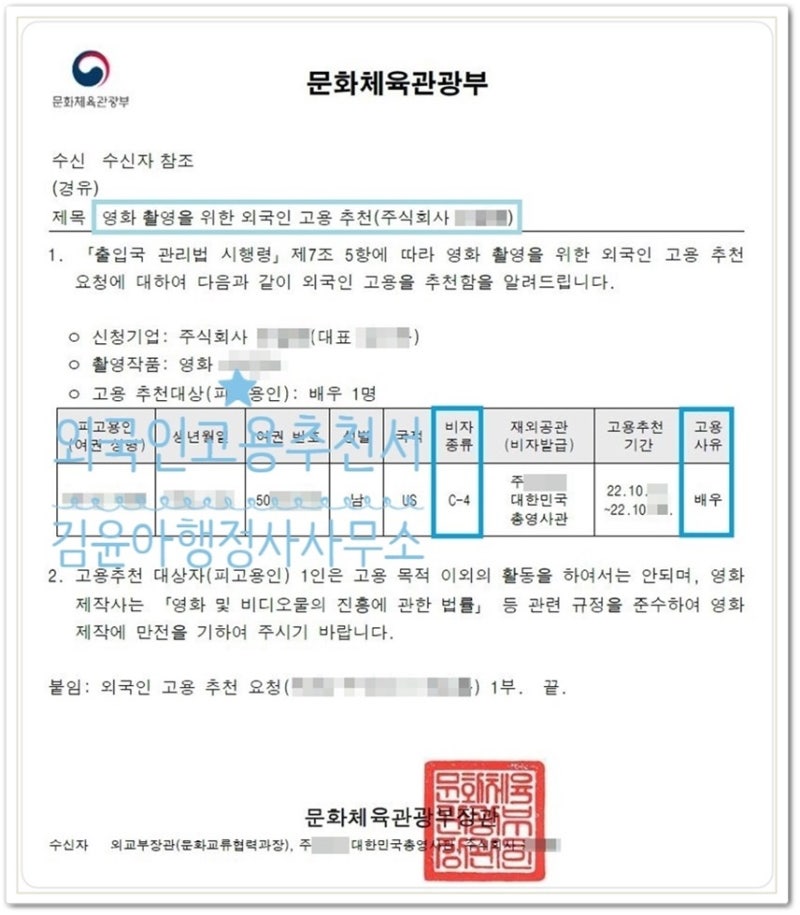 C4비자 발급 외국인 고용공연추천서 영화촬영and콘서트 네이버 블로그
